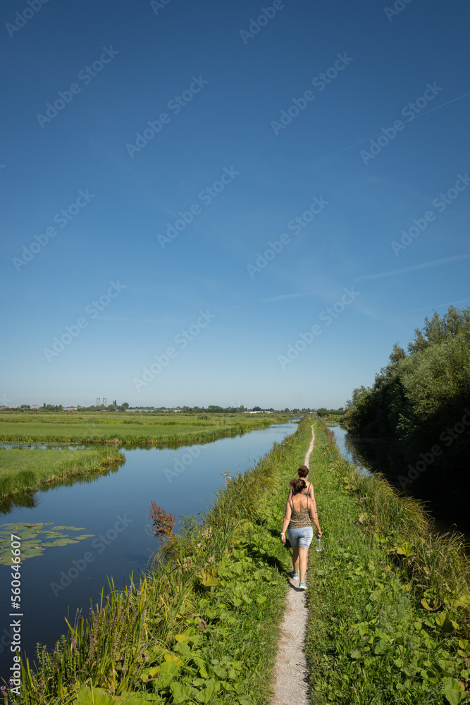 ladies walk interesting footpath in Typical Dutch rural scenery showing ...
