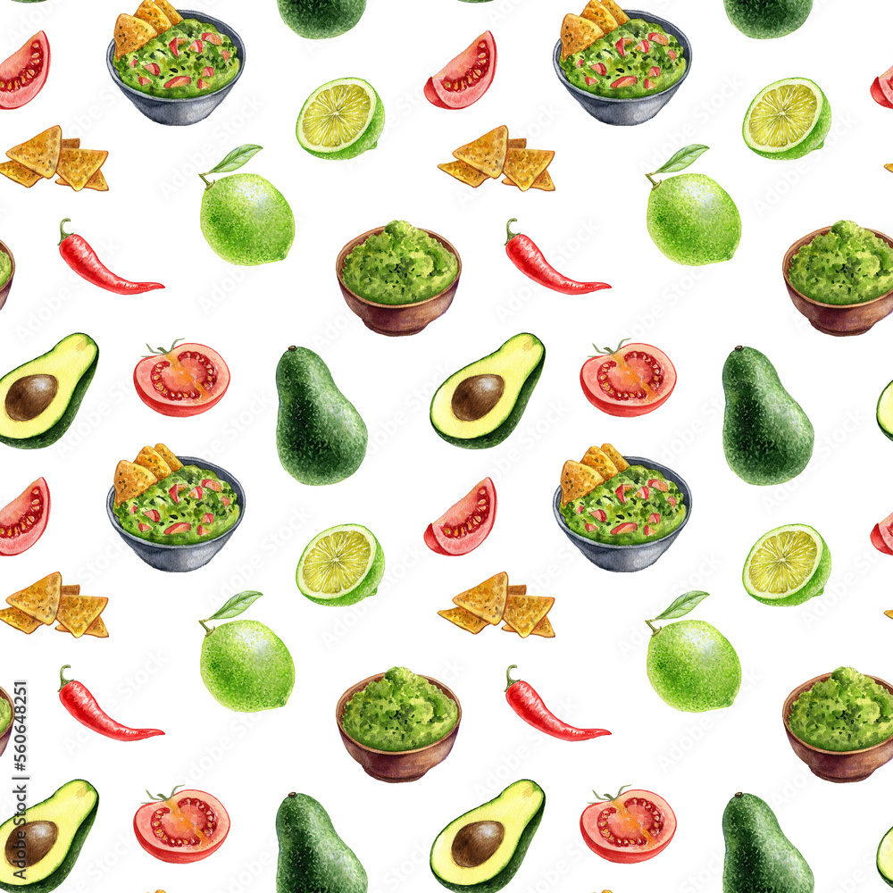 watercolor drawing seamless pattern with guacamole, mexican avocado ...