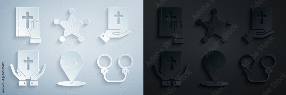 Set Map marker with a silhouette of a person, Oath the Holy Bible ...