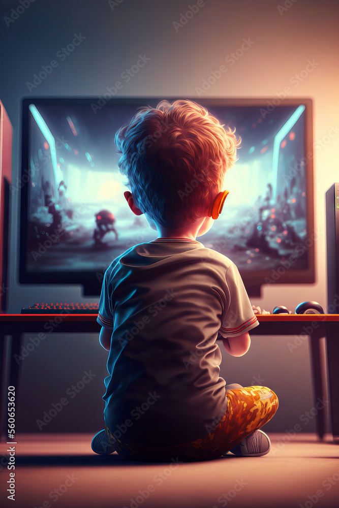 Kid playing video games in his room. Back view of a child sitting in ...
