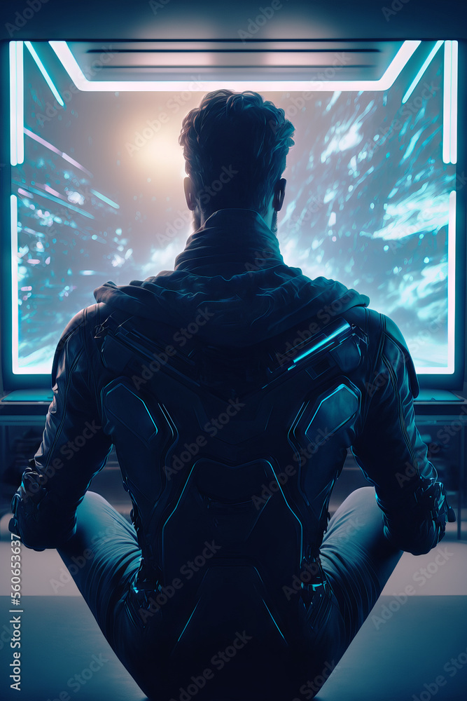 ภาพประกอบสต็อก Man playing video games in a futuristic interior. Back ...
