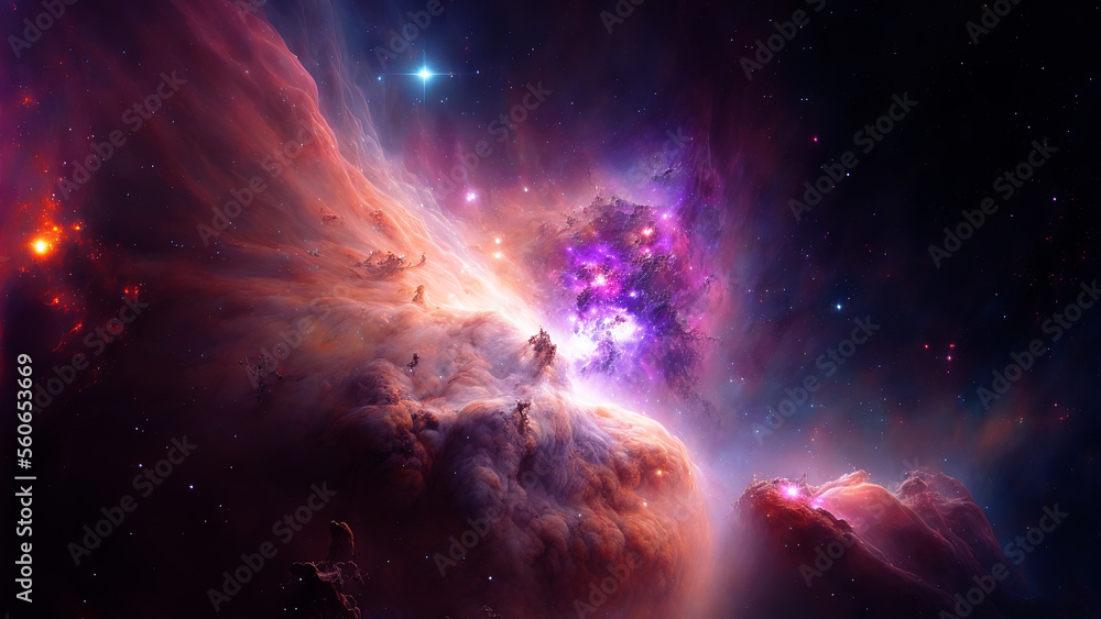 Large panoramic view of a colorful dark blue nebula in space. Cosmic ...