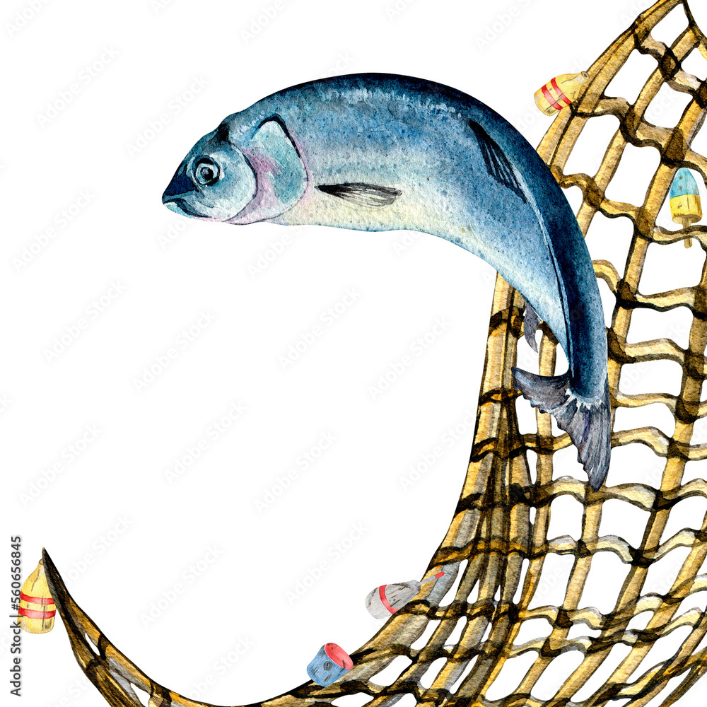 Composition of herring and fishnet watercolor illustration isolated on ...
