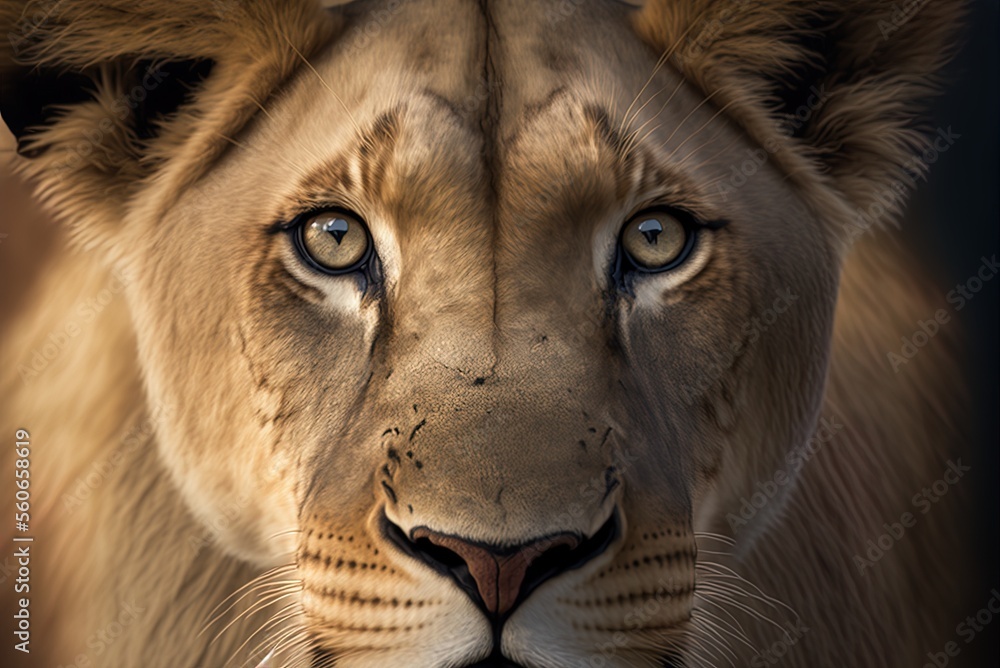 picture of a female lion, or a lioness, in extreme close-up. Generative ...