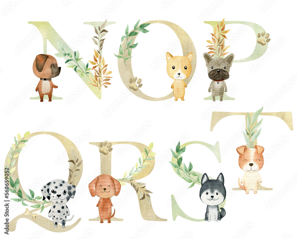 Watercolor dogs letters for invitation card, nursery poster and other ...