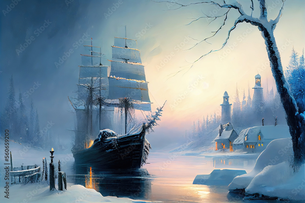 Old sail ship frigate in winter landscape with snow (Generative AI ...