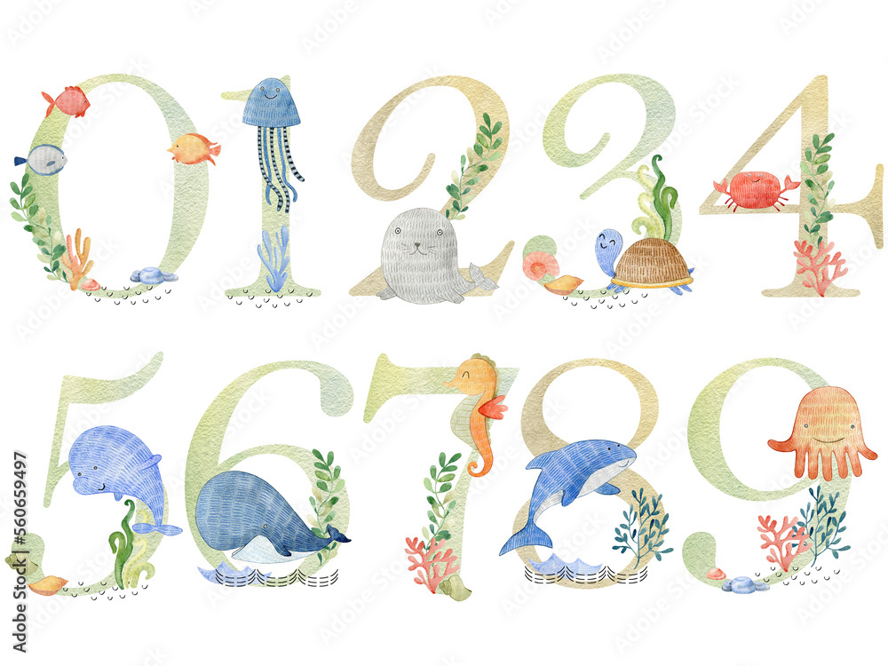 Watercolor sea animals numbers for invitation card, nursery poster and ...