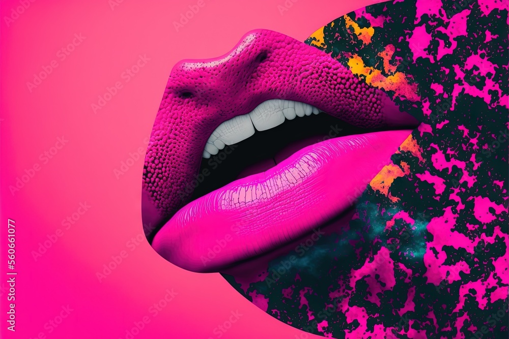 a woman's lips with a pink and yellow lip color scheme on a pink ...