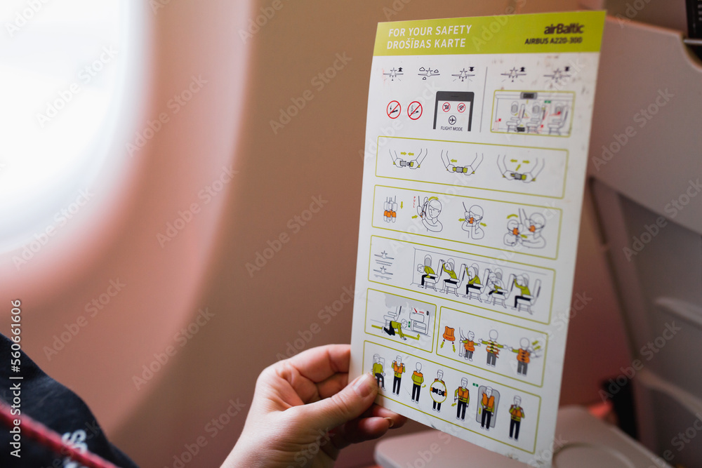 Paris, France - December 28, 2022: Safety instructions for passengers ...