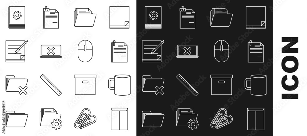 Set line Envelope, Coffee cup flat, File document and paper clip, Document folder, Laptop cross ...