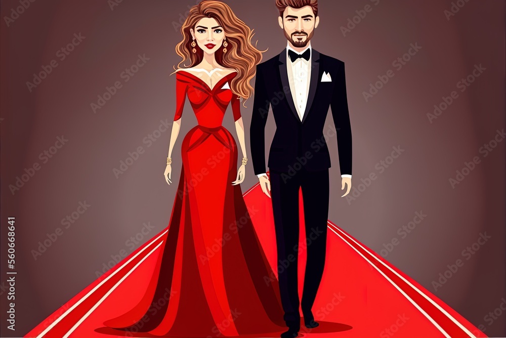 couple cartoon depicting famous people walking the red carpet. Female ...