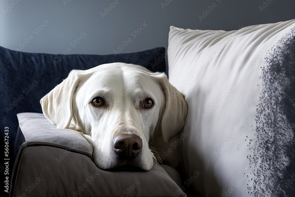 Labrador Retriever, white, sitting up close on a couch in a domestic ...