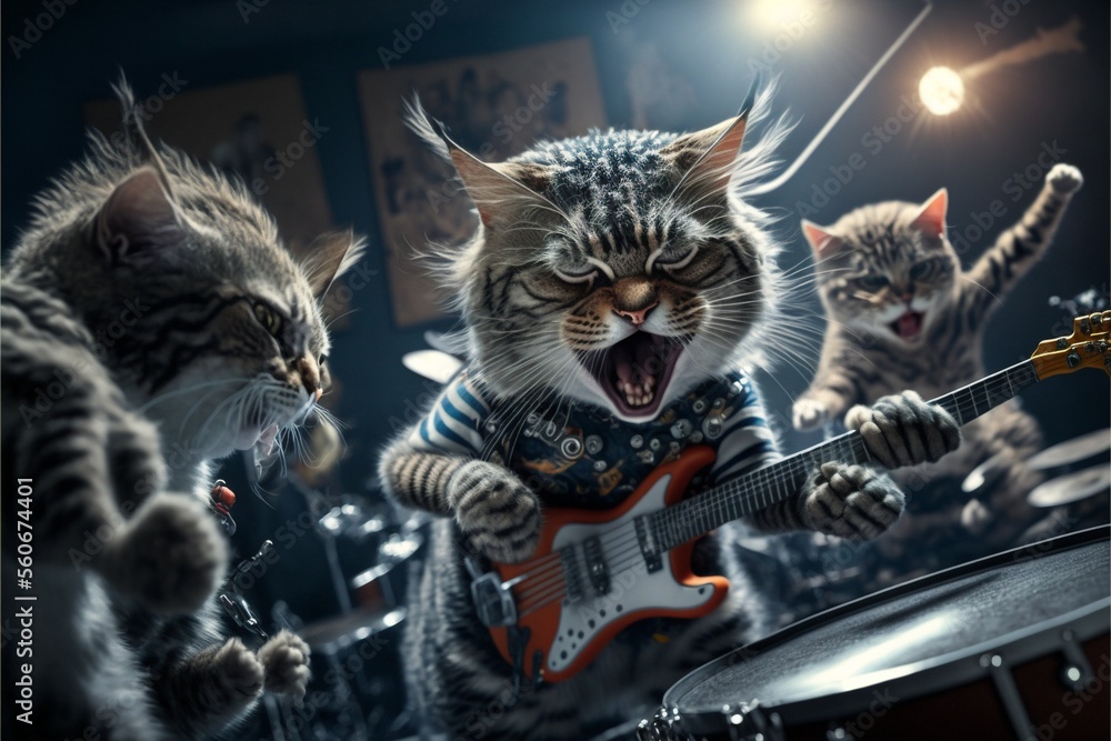 Cats as rock stars playing guitar at concert created with generative AI ...