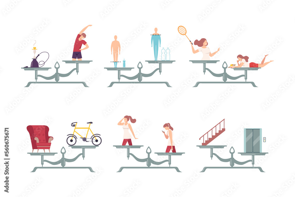 Bad and good habits set. Male and female characters choosing between ...