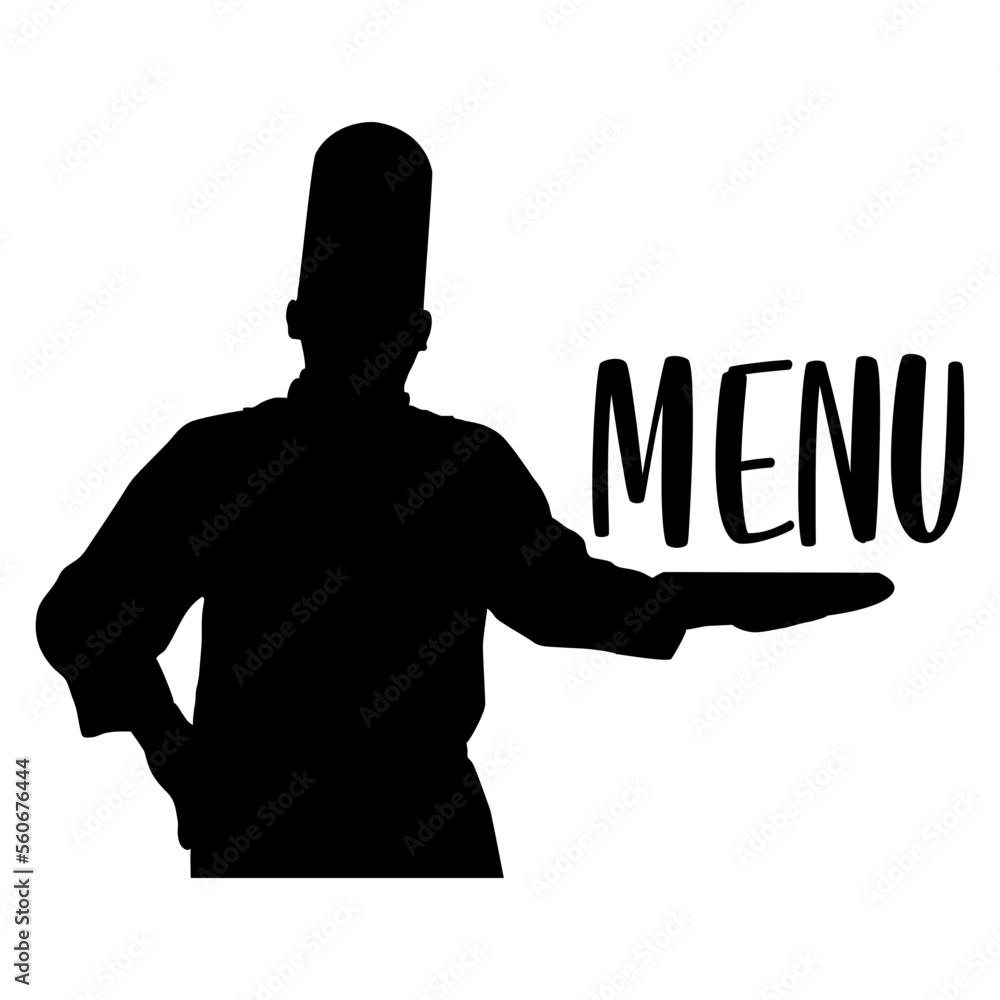 Logo restaurante. Silueta de cocinero con palabra menu en bandeja Stock ...