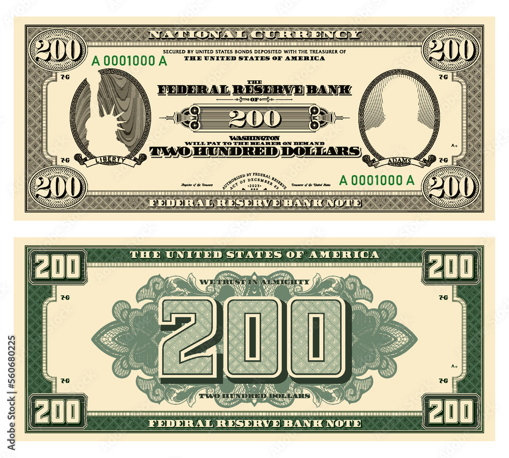 Vector new 200 dollars banknote. Obverse and reverse of US paper money ...