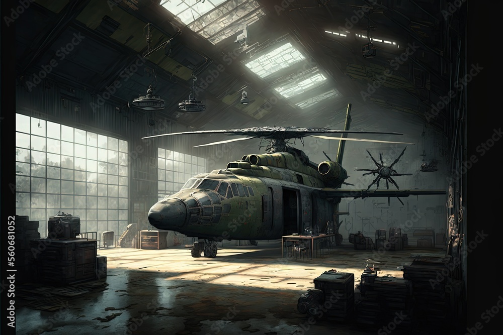 Hangar facility illustration. warehouse hangar adn fighter jet ...