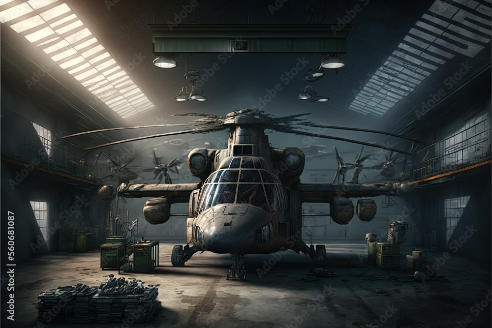 Hangar facility illustration. warehouse hangar adn fighter jet ...