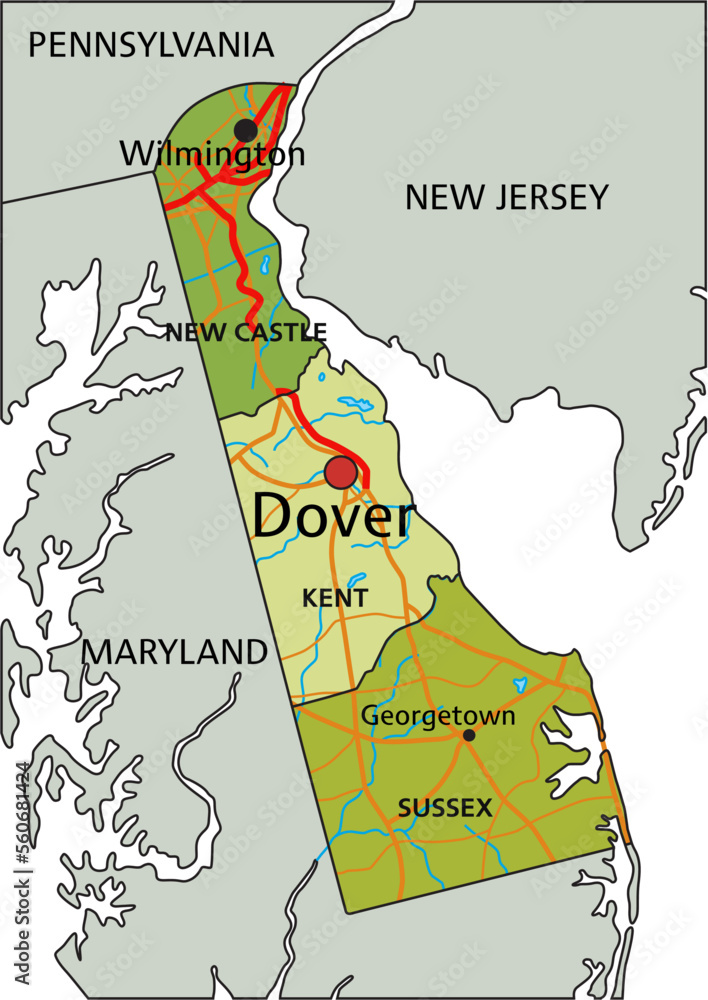 Highly detailed editable political map with separated layers. Delaware ...