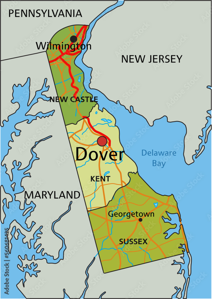 Highly detailed editable political map with separated layers. Delaware ...