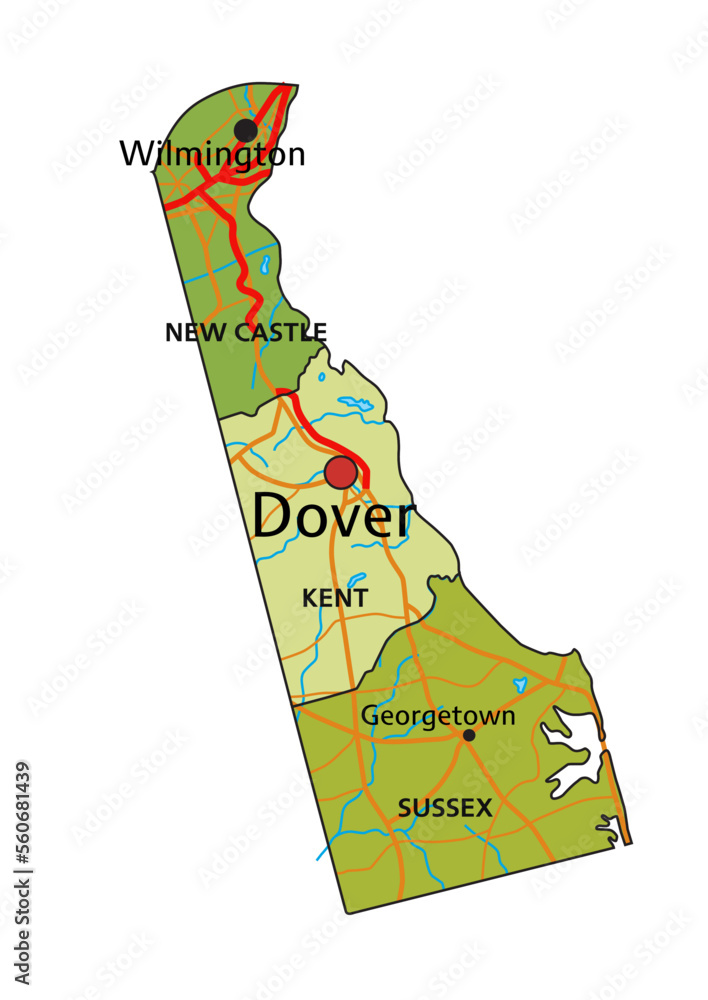 Highly detailed editable political map with separated layers. Delaware ...
