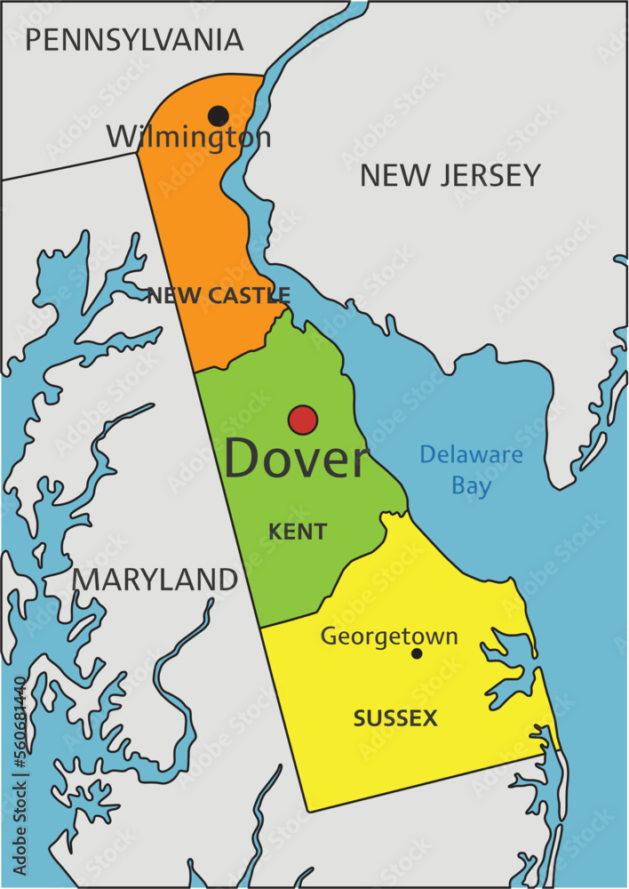 Colorful Delaware political map with clearly labeled, separated layers ...