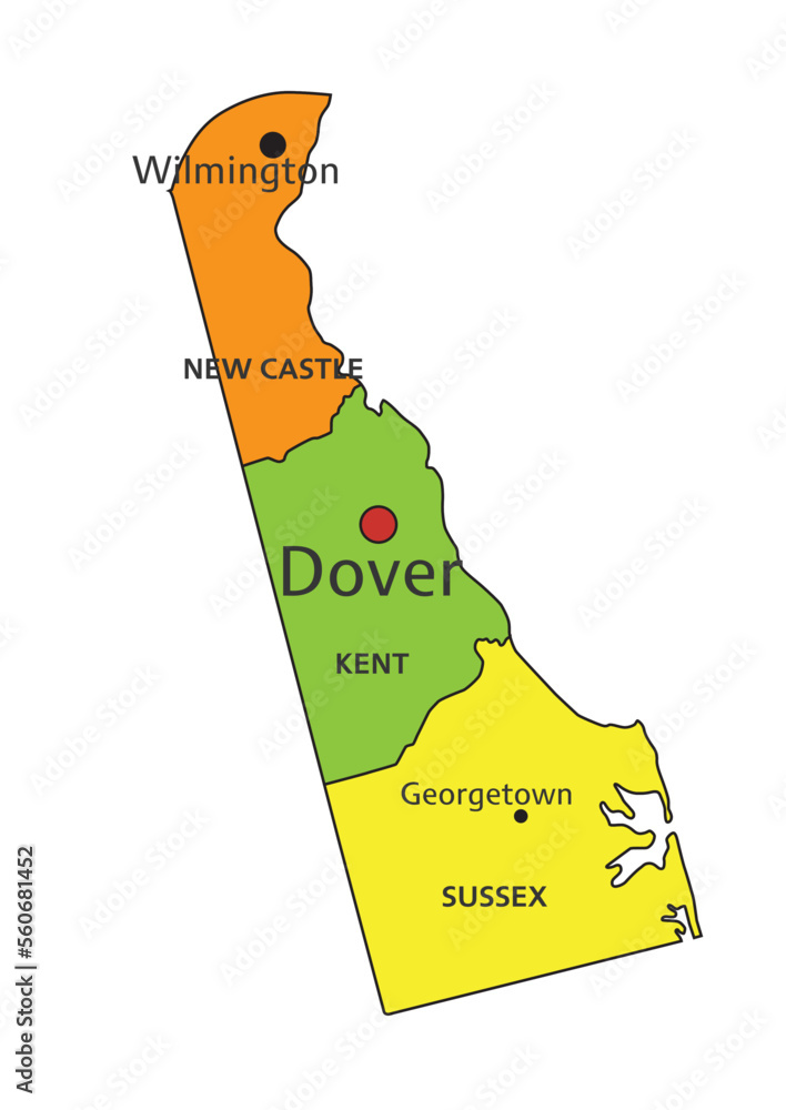 Colorful Delaware political map with clearly labeled, separated layers ...