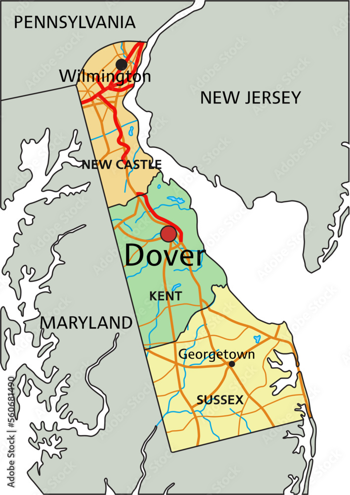 Delaware - Highly detailed editable political map with labeling. Stock ...