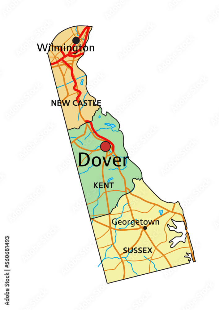 Delaware - Highly detailed editable political map with labeling. Stock ...