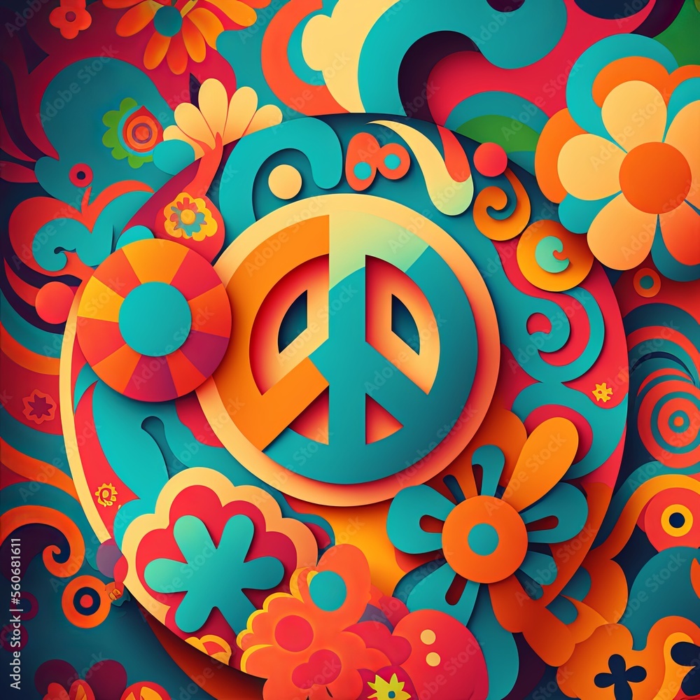 60's hippies psychedelic abstract background colors and peace sign in ...