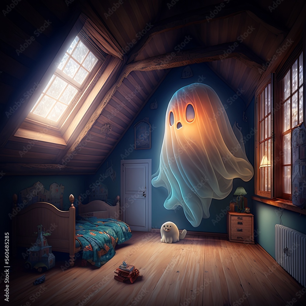 Classical white sheet ghost at child's bedroom at night. Halloween ...