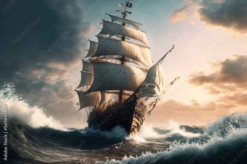 Ancient ship with raised sails at sunset AI Stock Illustration | Adobe ...