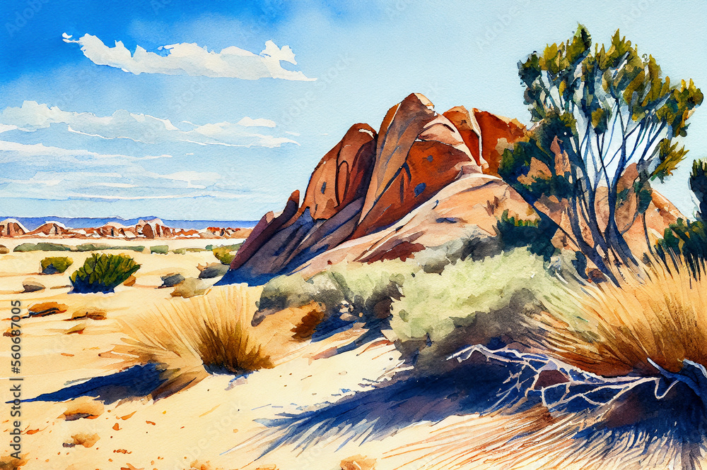 Beautiful desert landscape, a sweeping vista of sand dunes and rocky ...