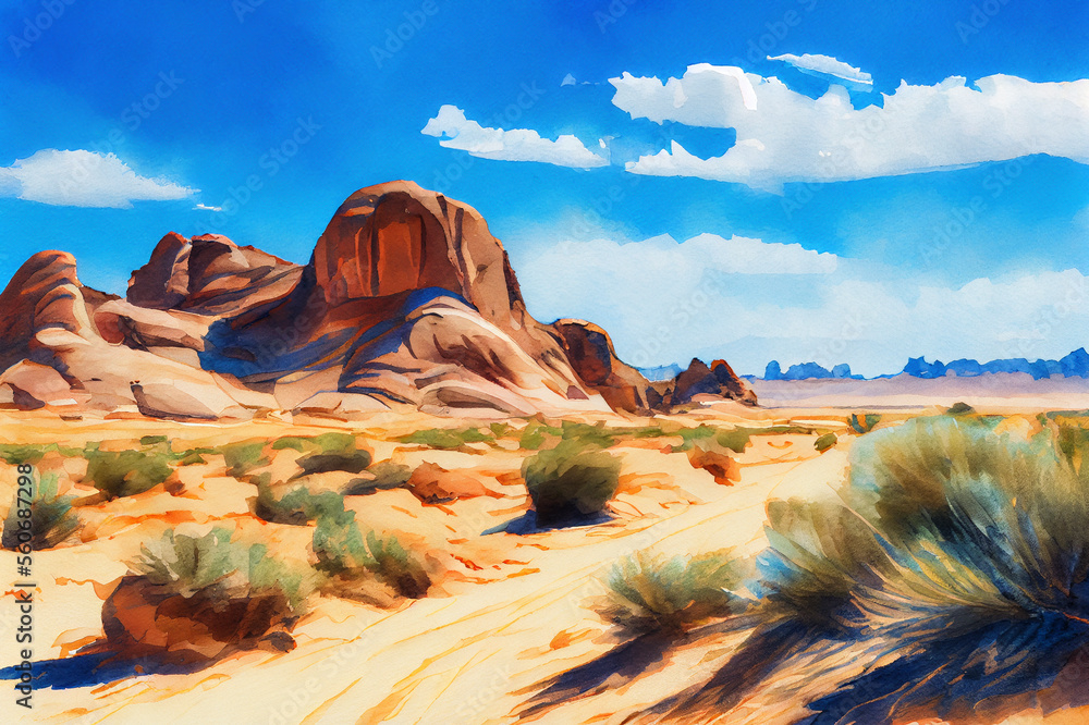 Beautiful desert landscape, a sweeping vista of sand dunes and rocky ...
