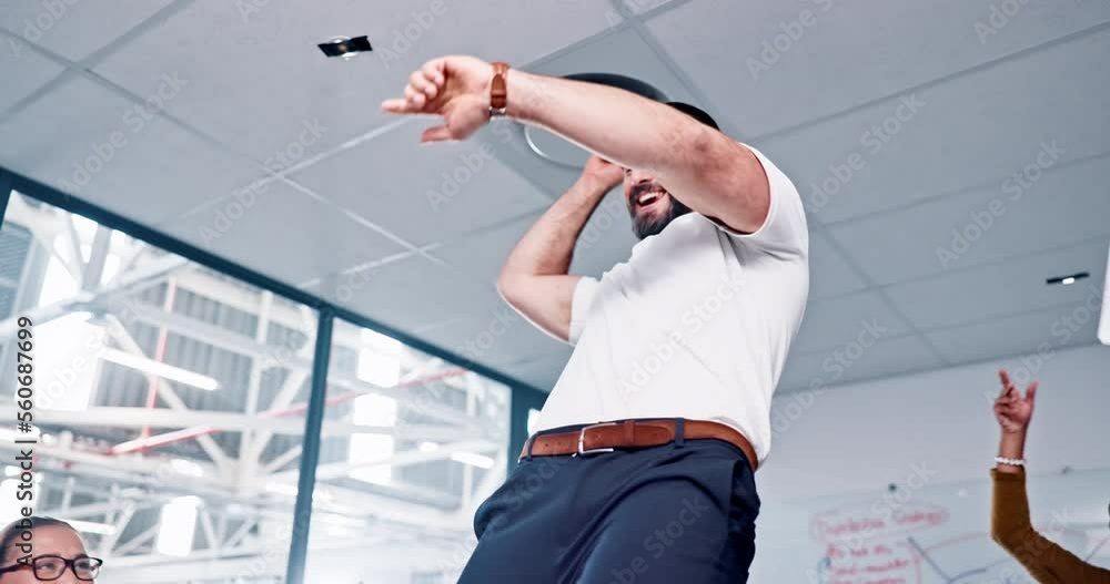 Businessman, dance celebration and throw documents, standing on office ...