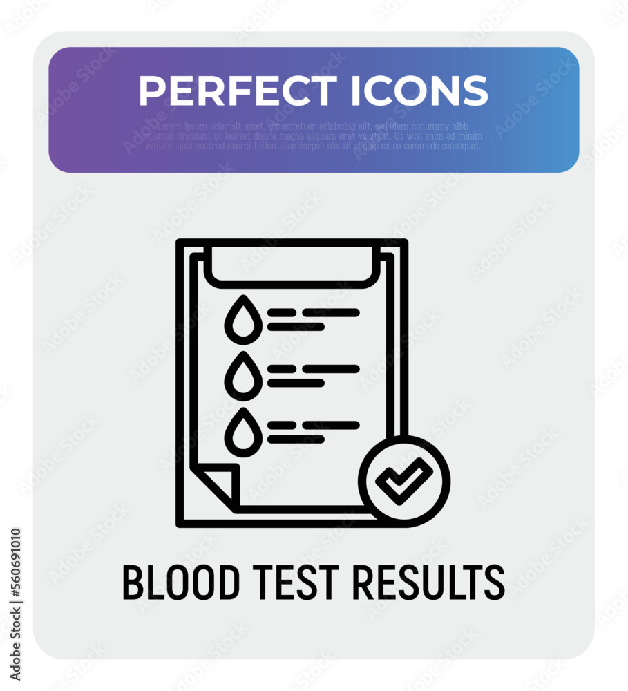 Blood test results: list with blood drop and check mark. Thin line icon ...