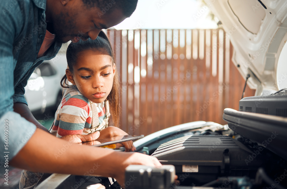 Father, tablet and child learning about car problem with diagnostic software for mechanic repair ...