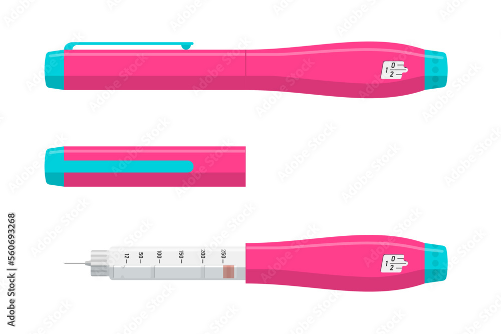 Insulin injection pen set open and closed. Hormone ampoule inside pink ...