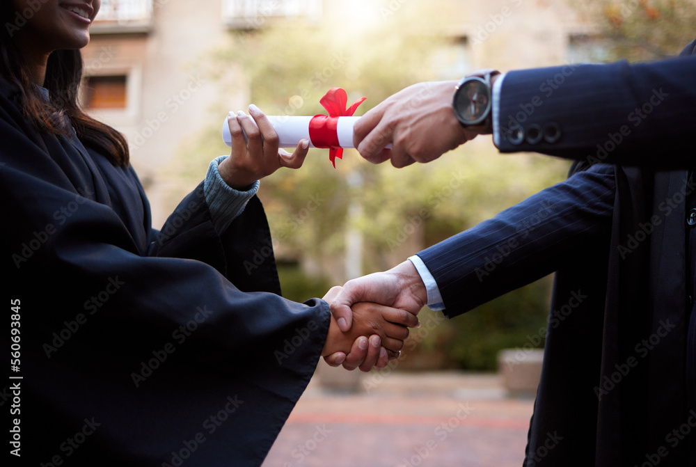 Black woman, handshake or diploma in university graduation ceremony ...