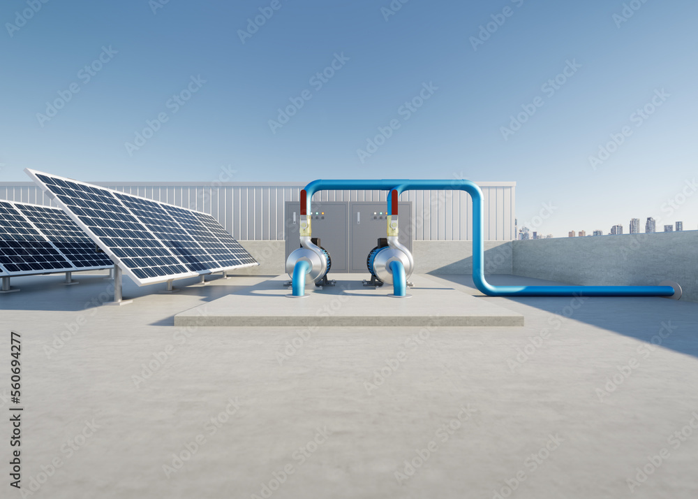 3d rendering of water pump station on rooftop factory. Include ...