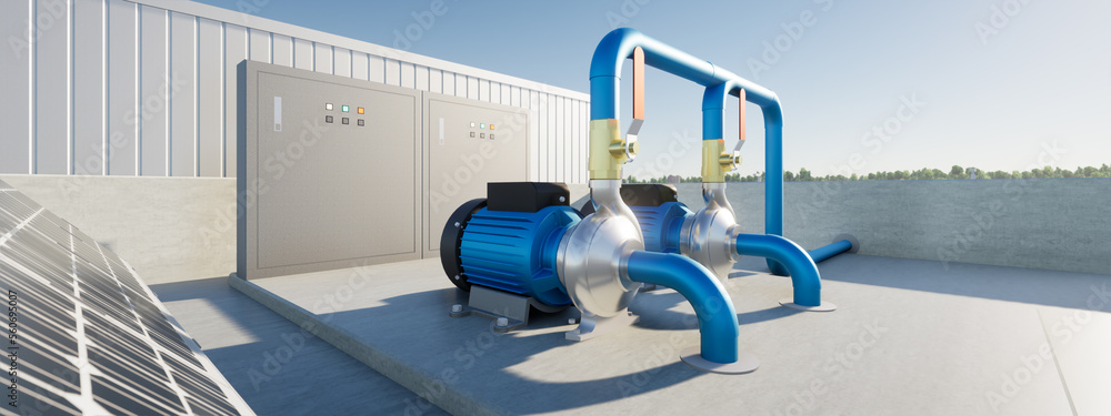 3d rendering of water pump station on rooftop of water tank. Include ...