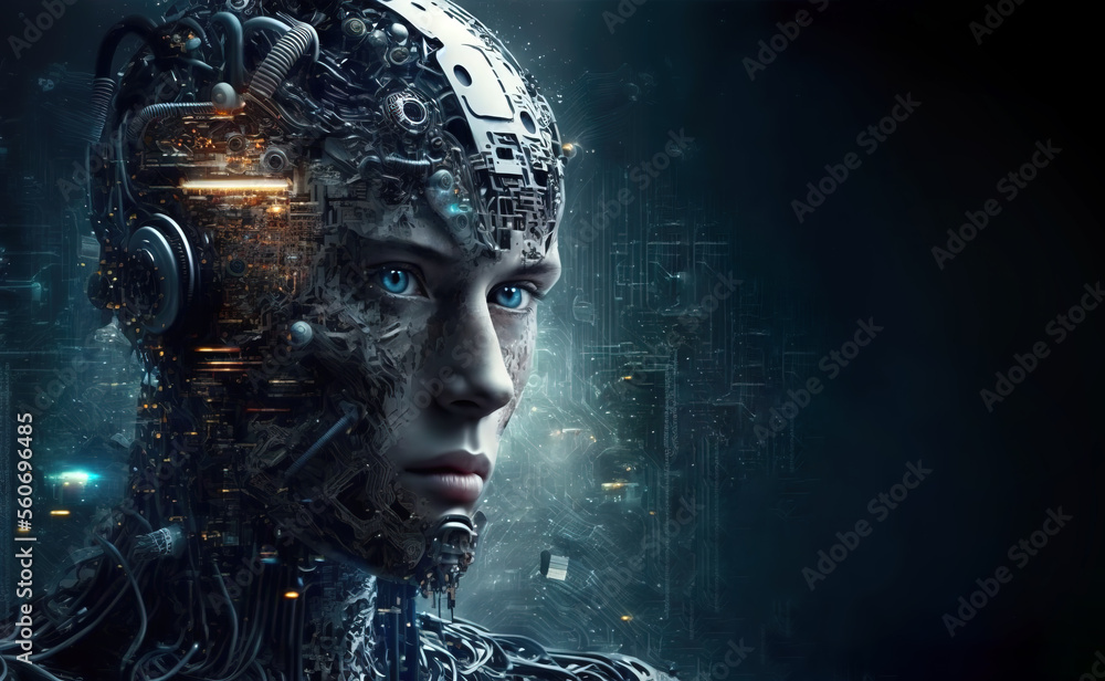 Cyborg woman face with technology of the future. Generative AI Stock ...