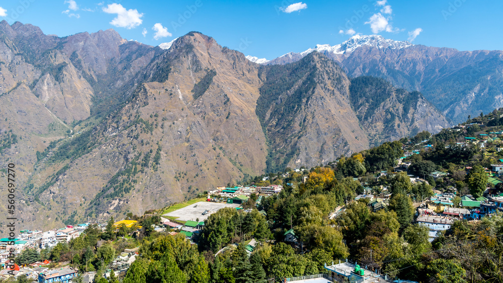 Aerial view of Joshimath hill station set among the lofty peaks of the ...