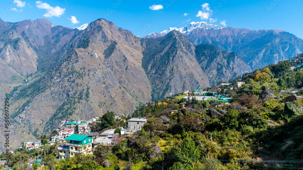 Aerial view of Joshimath hill station set among the lofty peaks of the ...
