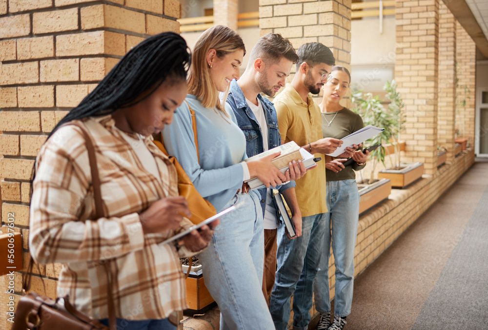 University, lobby and diversity, group of students standing in row ...