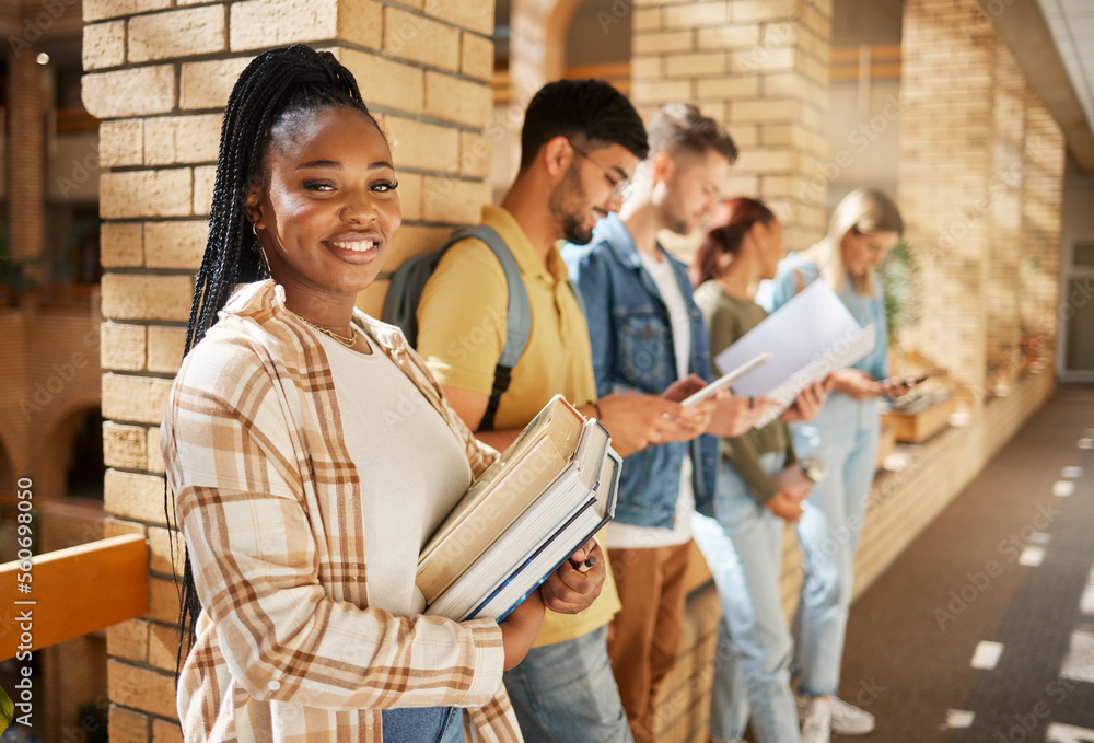 University, hallway and portrait of black woman and students standing ...