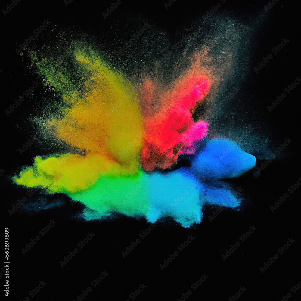 Explosion of colorful powder isolated on dark black background. Holi ...