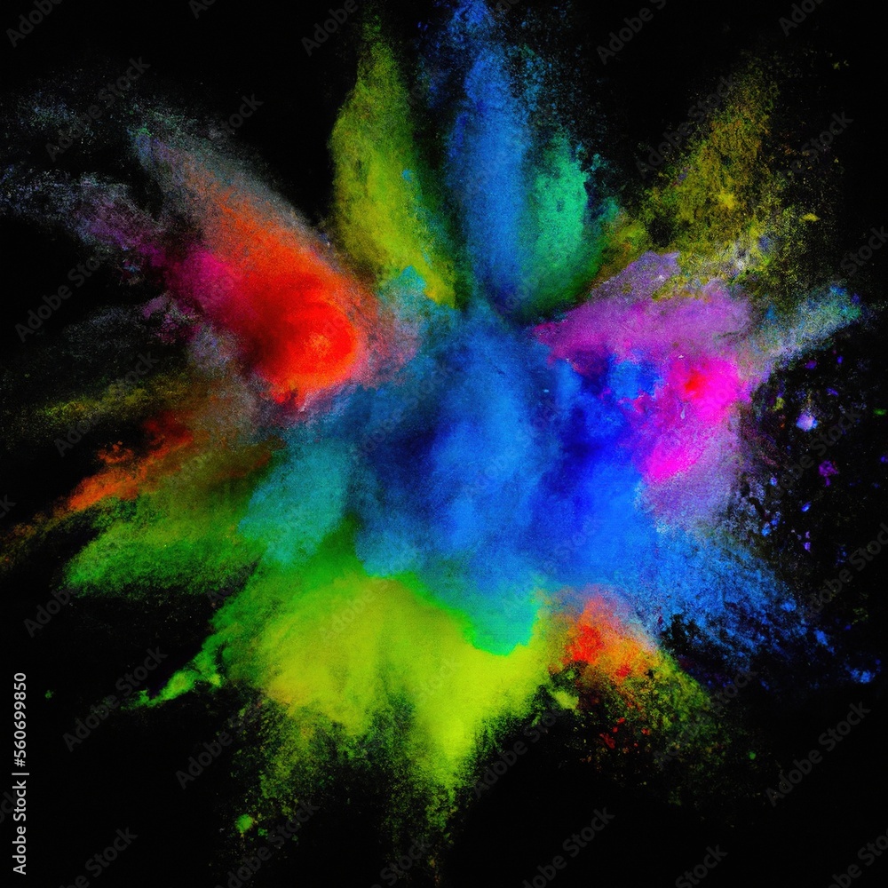 Explosion of colorful powder isolated on dark black background. Holi ...