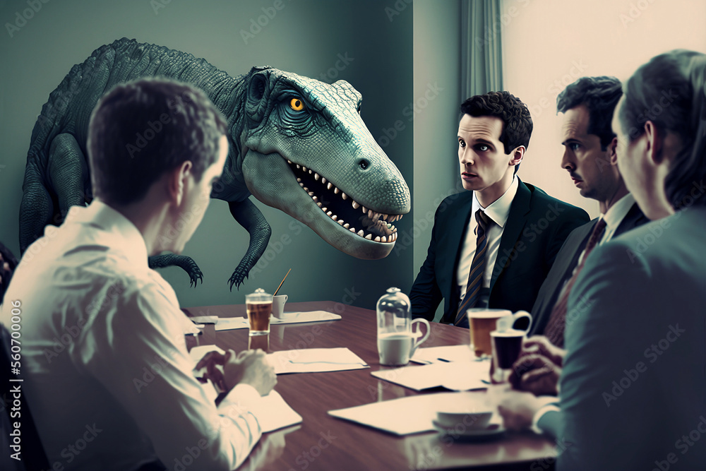 Business meeting chaired by a dinosaur. Generative AI, this image is ...