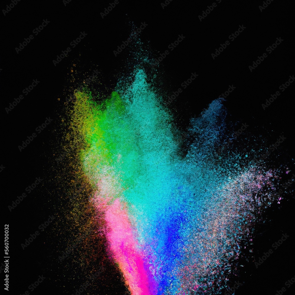 Explosion of colorful powder isolated on dark black background. Holi ...